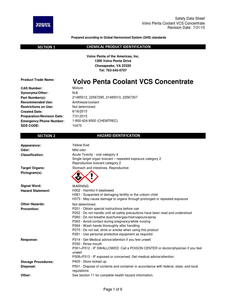 Volvo Penta Coolant VCS Concentrate | PDF | Combustion | Toxicity
