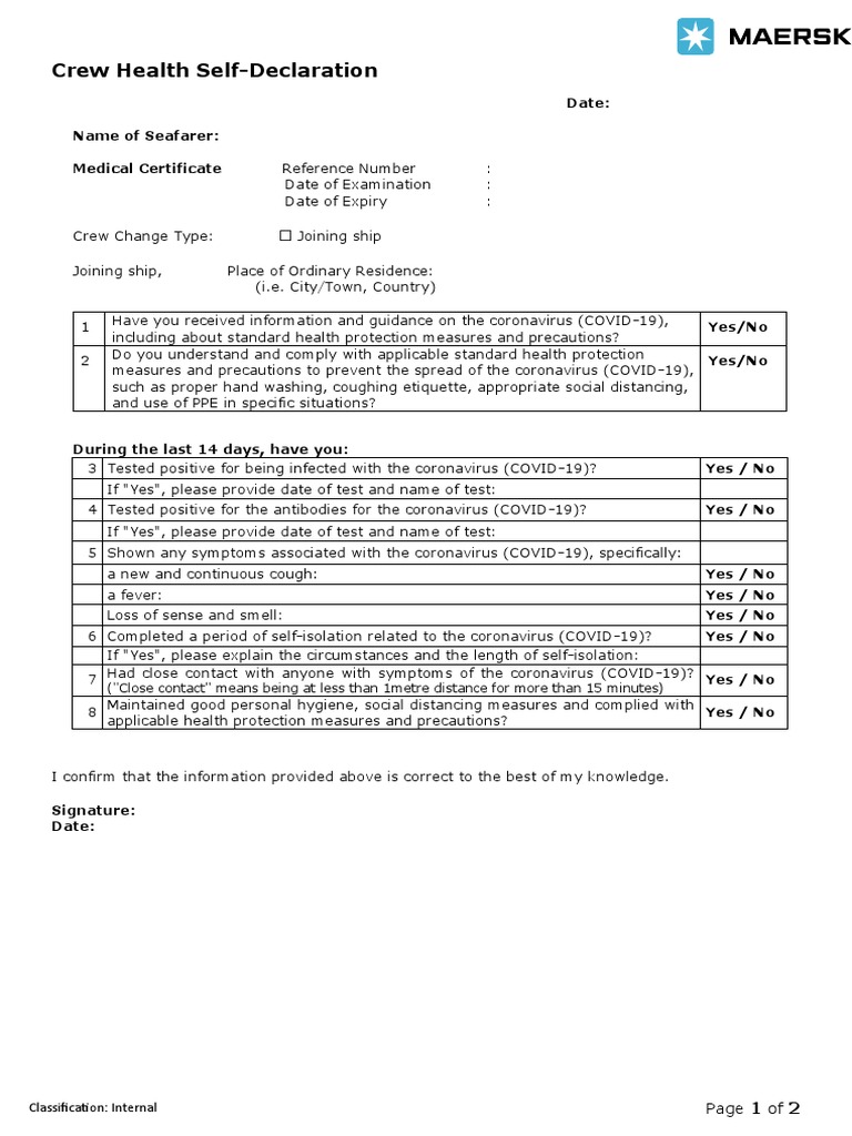 Crew Health Self-Declaration and Daily Temperature Record - Global ...