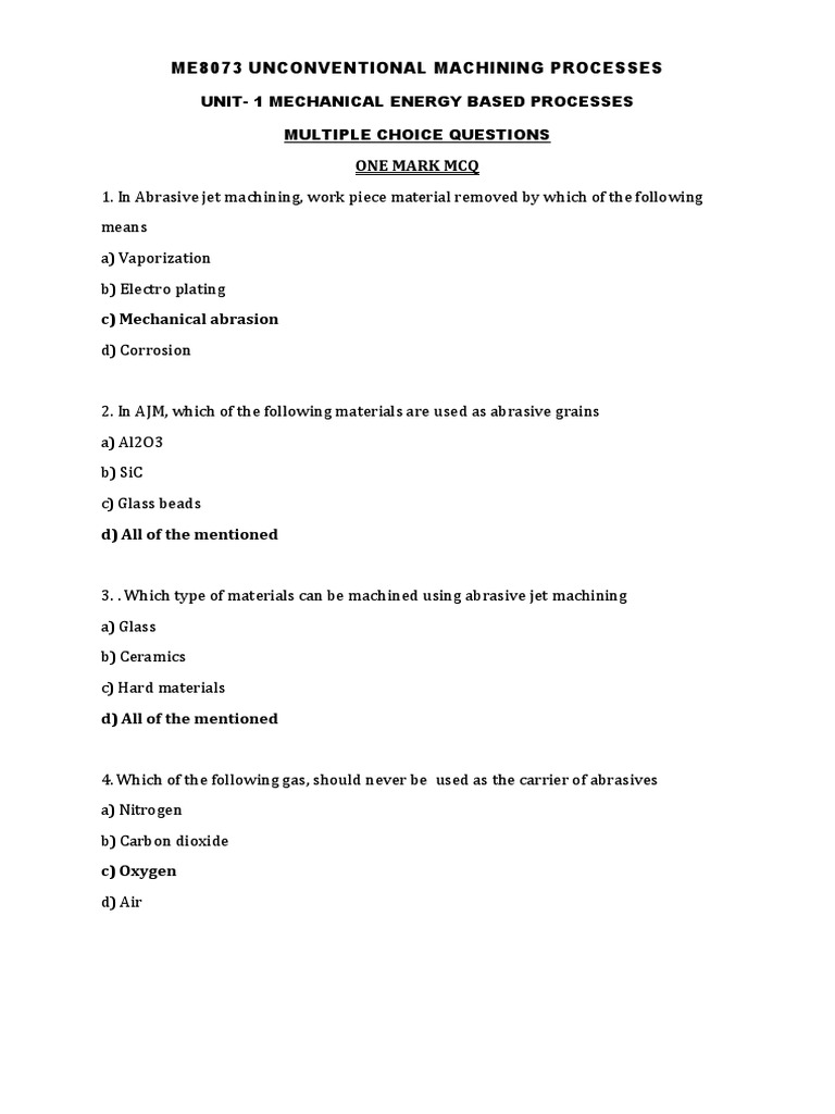 Multiple Choice Questions on Unconventional Machining Processes ...