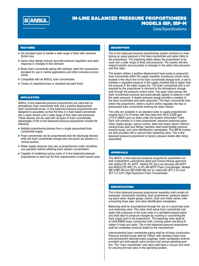 In-Line Balanced Pressure Proportioning System | PDF | Valve | Flow ...