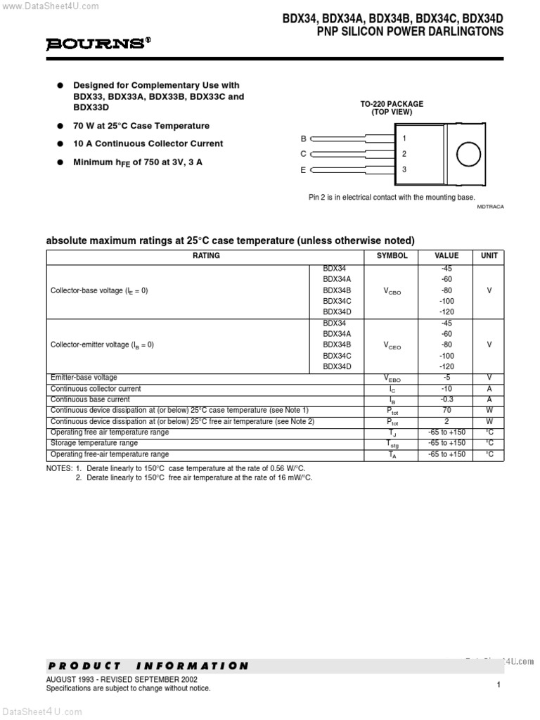 BDX34, BDX34A, BDX34B, BDX34C, BDX34D PNP Silicon Power Darlingtons ...