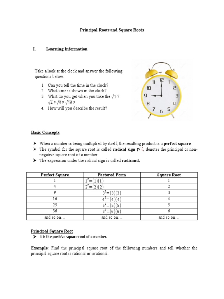 Principal Roots and Square Roots | PDF | Square Root | Numbers