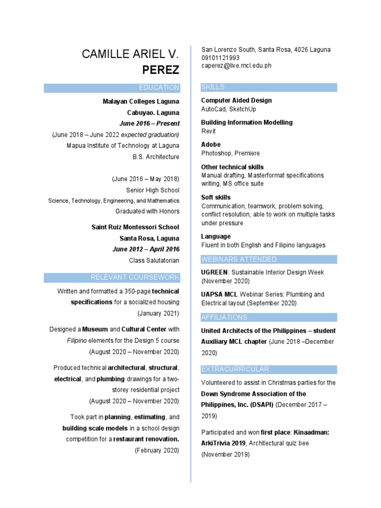 Perez, Camille Ariel Resume | PDF | Science | Science And Technology