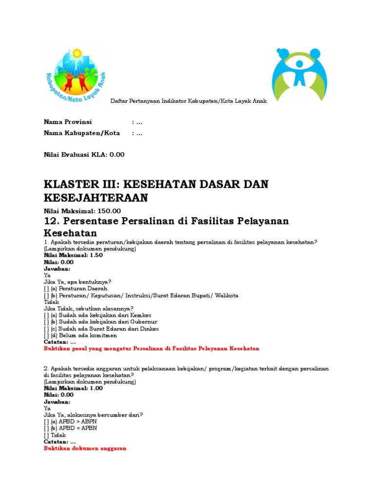 Daftar Pertanyaan Evaluasi KLA 2020 - Klaster III Kesehatan Dasar Dan Kesejahteraan | PDF | Ilmu ...