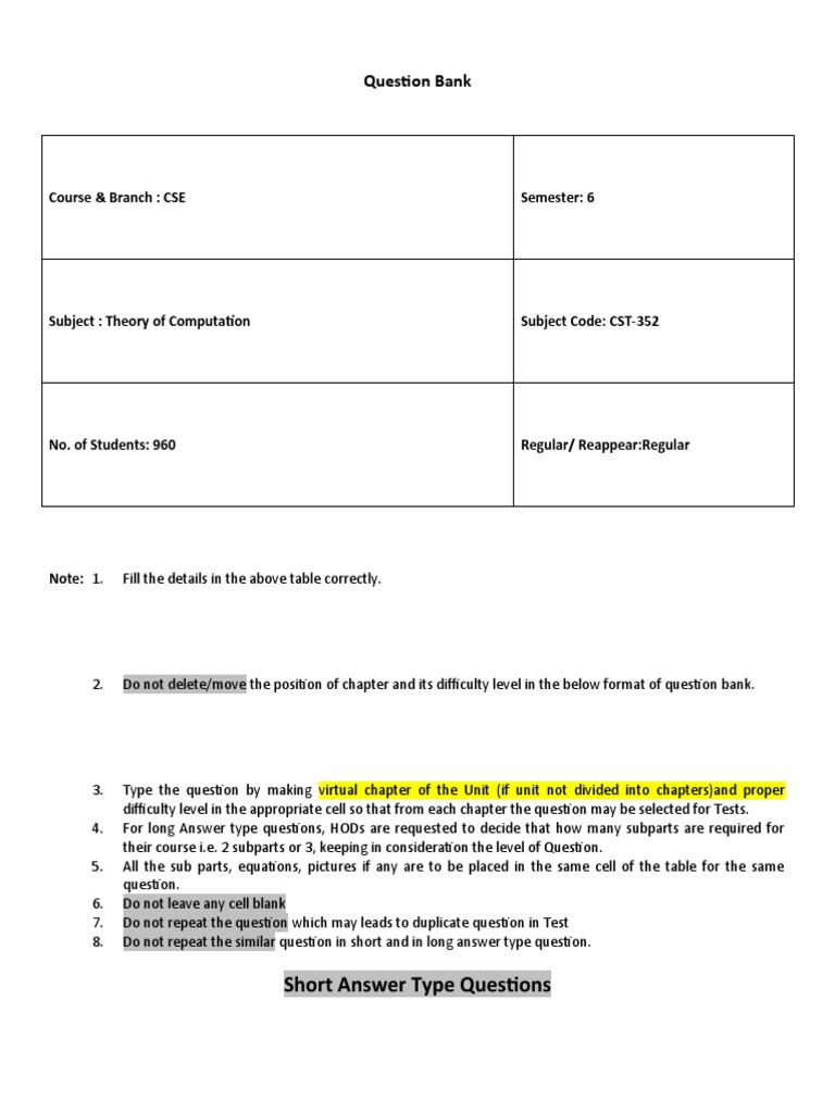 Question Bank: Short Answer Type Questions | PDF | String (Computer Science) | Theory Of Computation