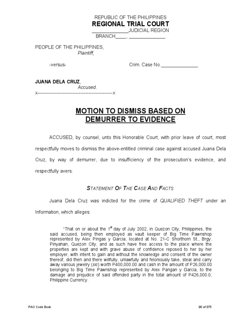 Motion To Dismiss Based On Demurrer To Evidence | PDF | Reasonable ...