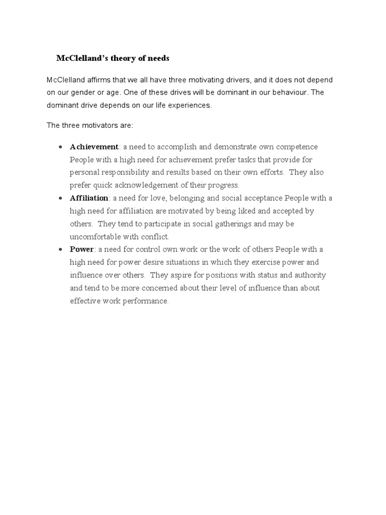 McClelland's Needs Theory Explained | PDF
