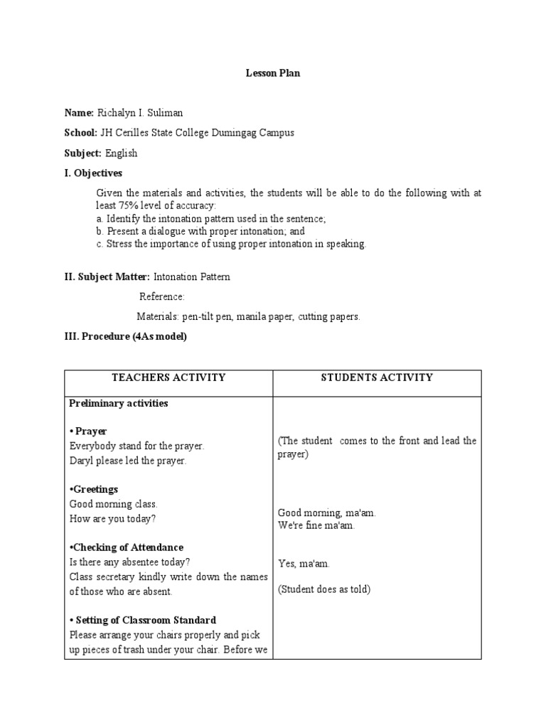 4as Method Lesson Plan - Intonation Pattern | PDF | Question | Linguistics