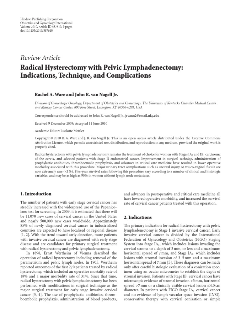 Radical Hysterectomy With Pelvic Lymphadenectomy: Indications ...