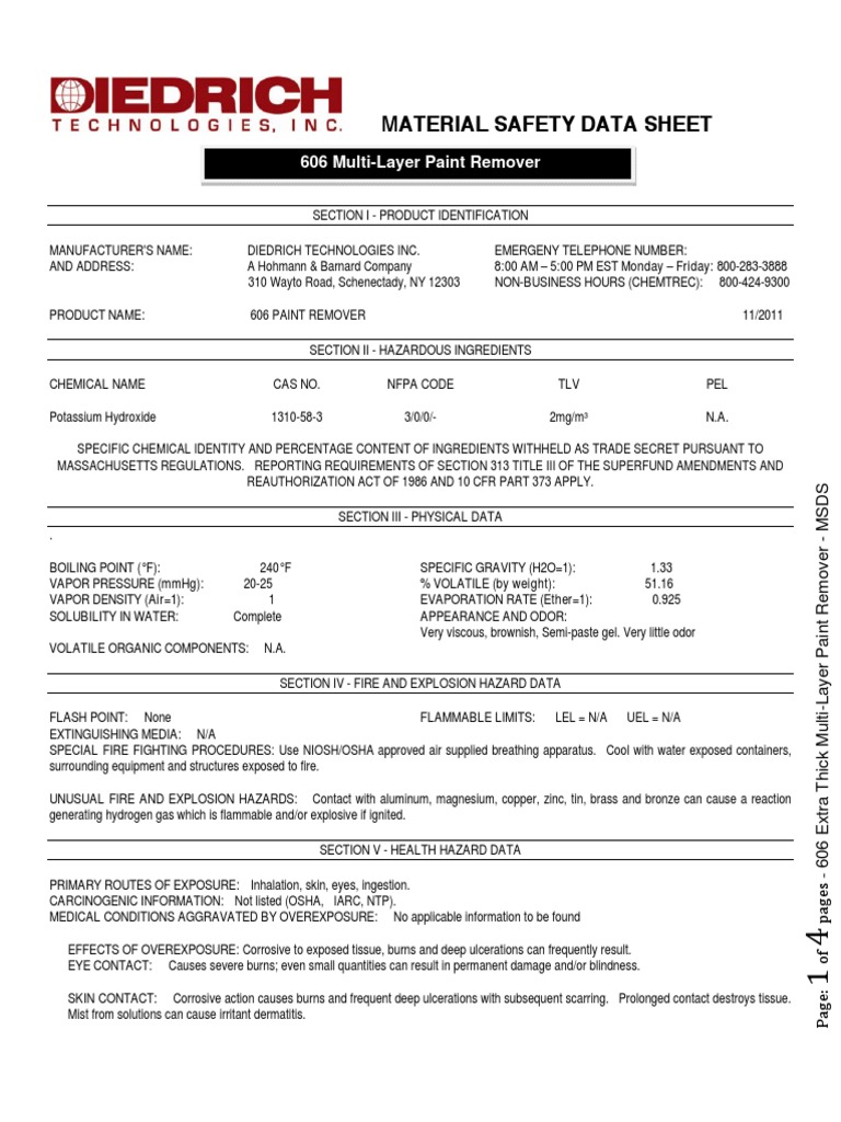 Material Safety Data Sheet: 606 Multi-Layer Paint Remover | PDF | Burn ...