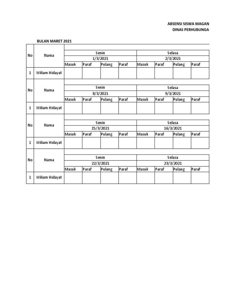 Absensi Magang Dinas Perhubungan | PDF