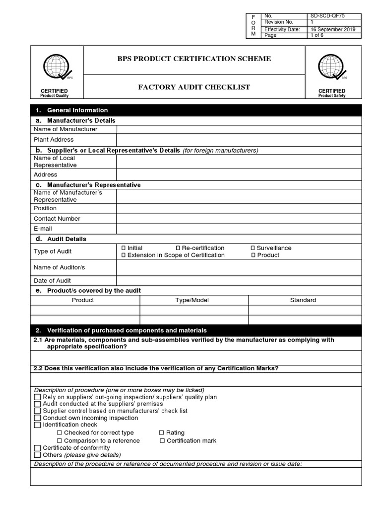 SD-SCD-QF75 - Factory Audit Checklist - Rev.1 - 16 Sept.2019 | PDF | Calibration | Verification ...
