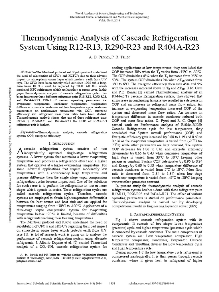 Thermodynamic Analysis of Cascade Refrigeration System Using R12-R13 ...