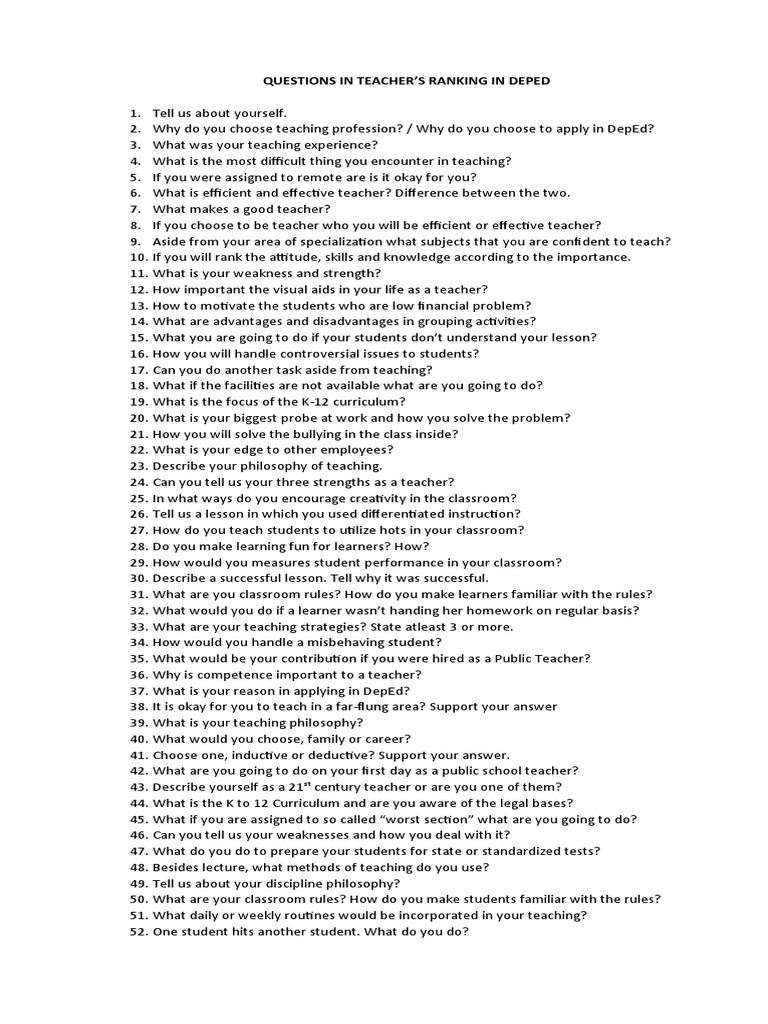 Questions in Teacher Ranking in Deped | PDF | Teachers | Lesson Plan
