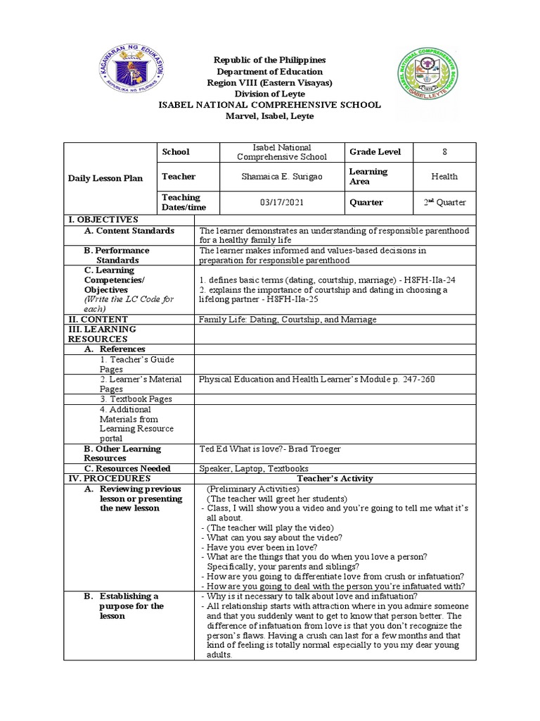 Grade 8 Health Lesson Plan: Courtship & Dating | PDF | Love | Courtship