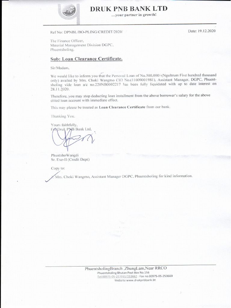 Loan Clearance - Choki Wangmo | PDF