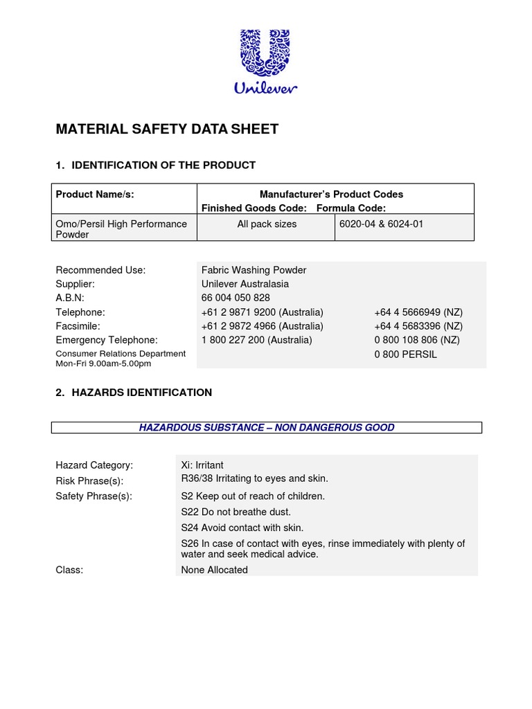 Omo/Persil Powder Safety Data Sheet | PDF | Toxicity | Personal ...