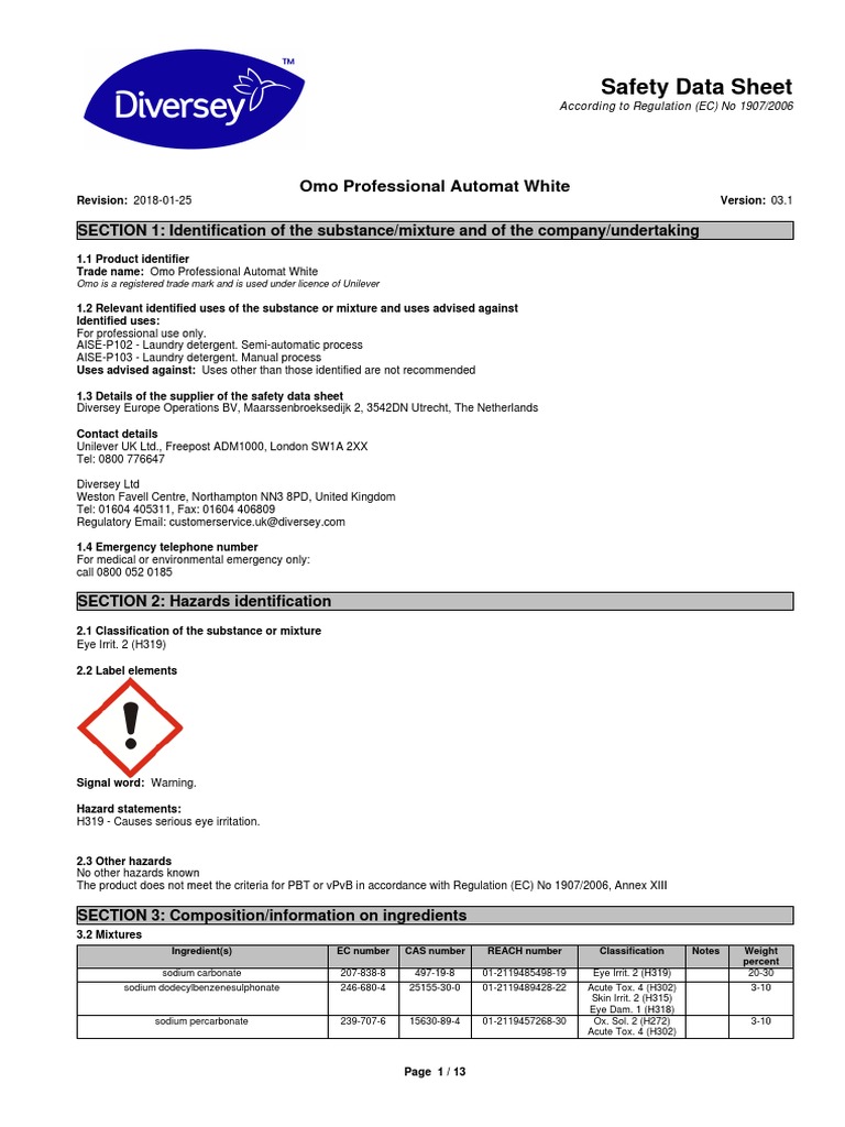 omo-professional-msds - Nc giặt Omo Matic | PDF | Toxicity | Personal Protective Equipment