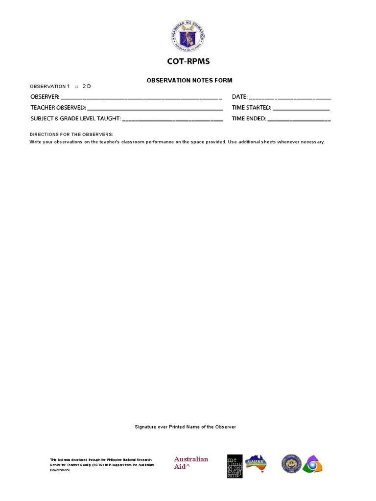 COT-RPMS Observation Notes Form | PDF