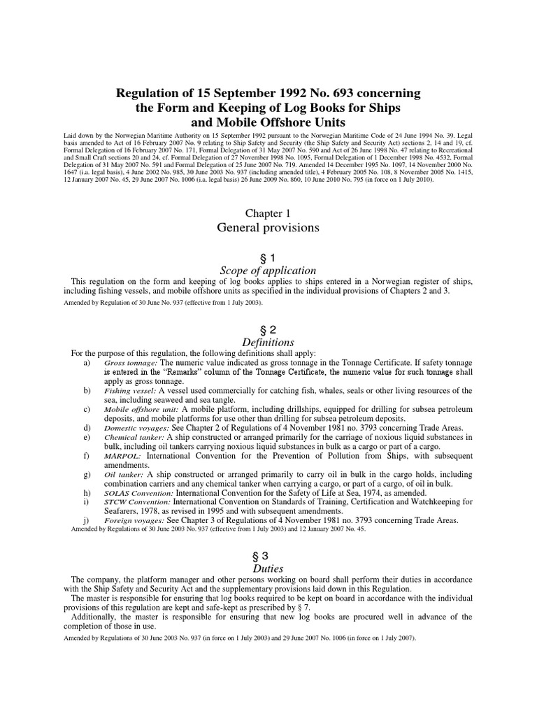 Regulation of Norwegian Logbook Requirements | PDF | Ships | Oil Tanker