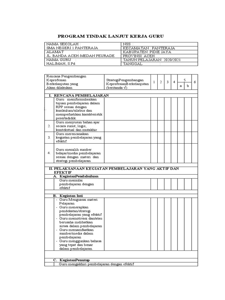 Program Tindak Lanjut Kerja Guru Revisi | PDF