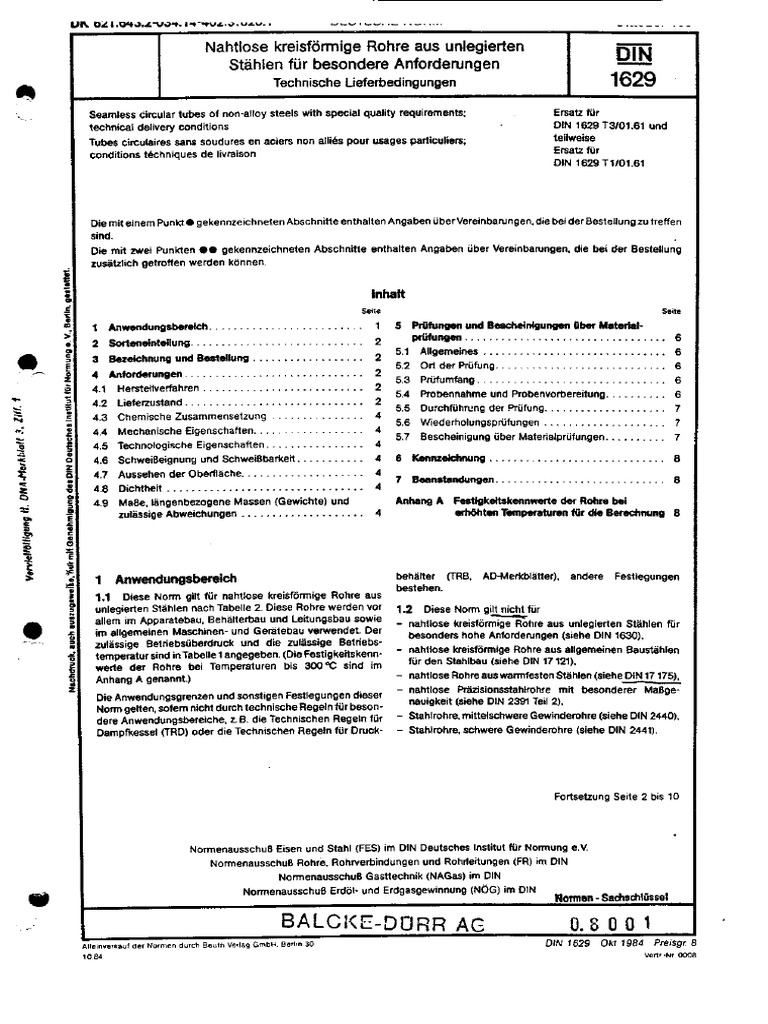 DIN 1629 Nahtlose Kreisförmige Rohre Aus Unlegierten Stählen Für ...
