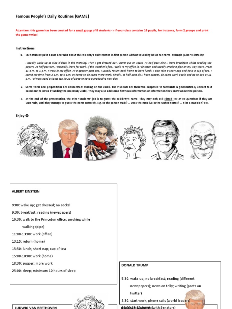The Daily Routine of Famous People Game CLT Communicative Language ...