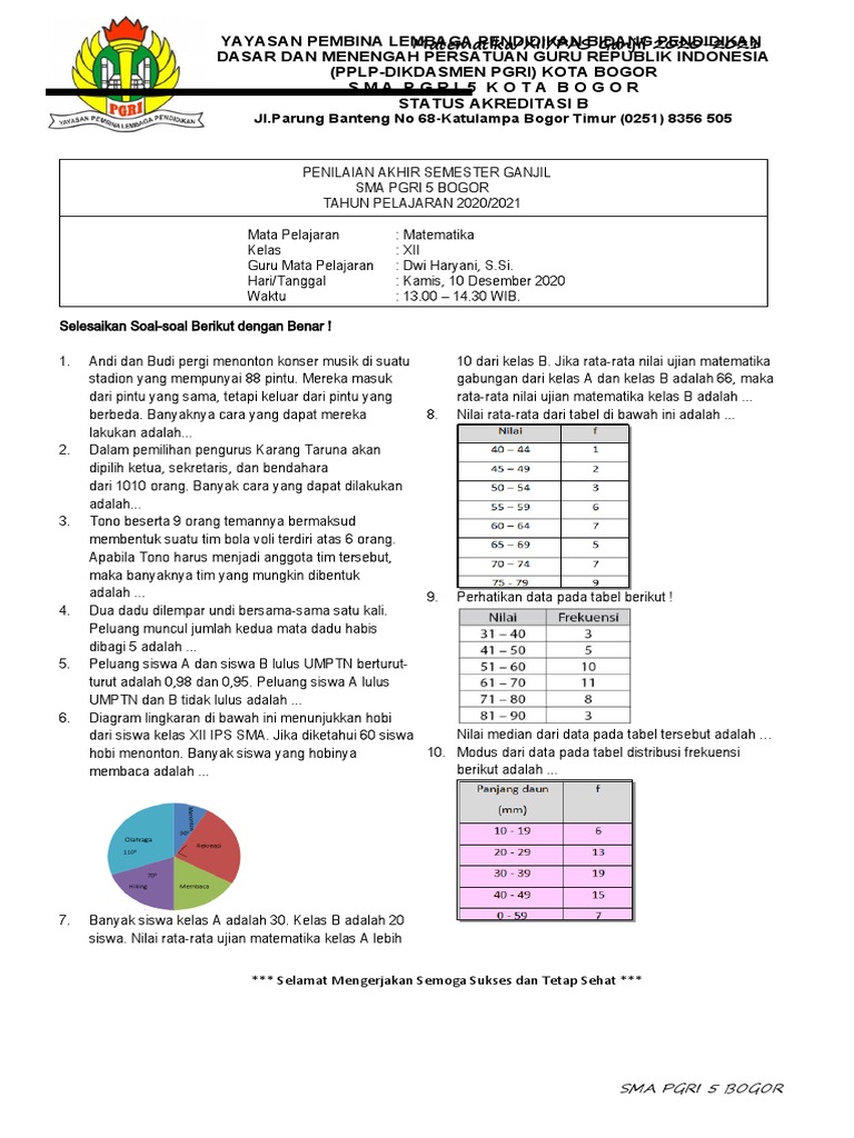 Soal Pas MTK Kelas Xii 2020-2021 Sma Pgri 5 | PDF