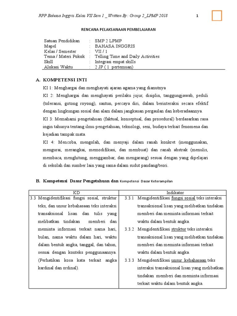 RPP Telling Time Kelas VII SMP | PDF | Seni & Disiplin Bahasa