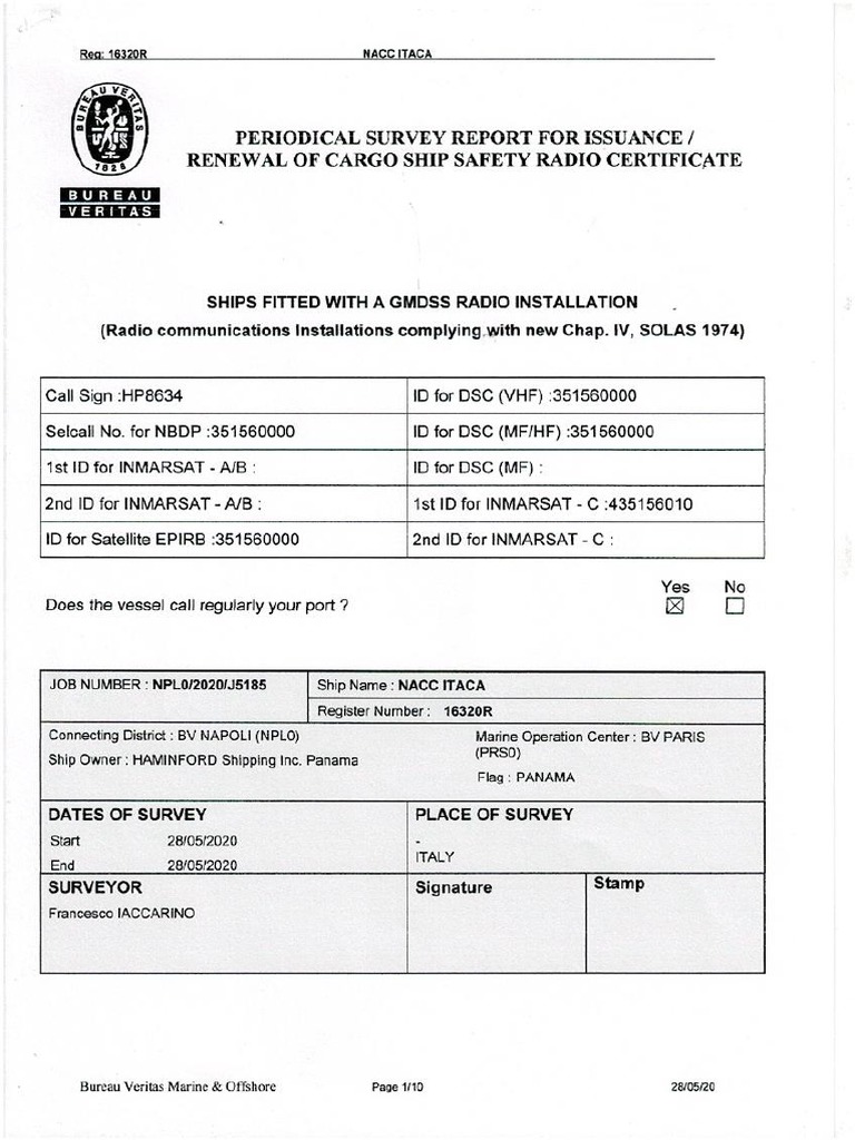 Periodical Survey Report For Renewal of Cargo Ship Safety Radio ...