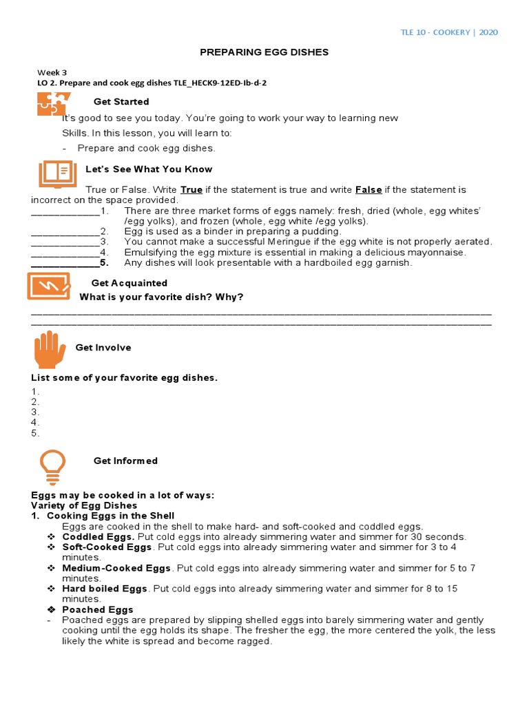 LO 2. Prepare and Cook Egg Dishes TLE - HECK9-12ED-Ib-d-2: Week 3 | PDF ...