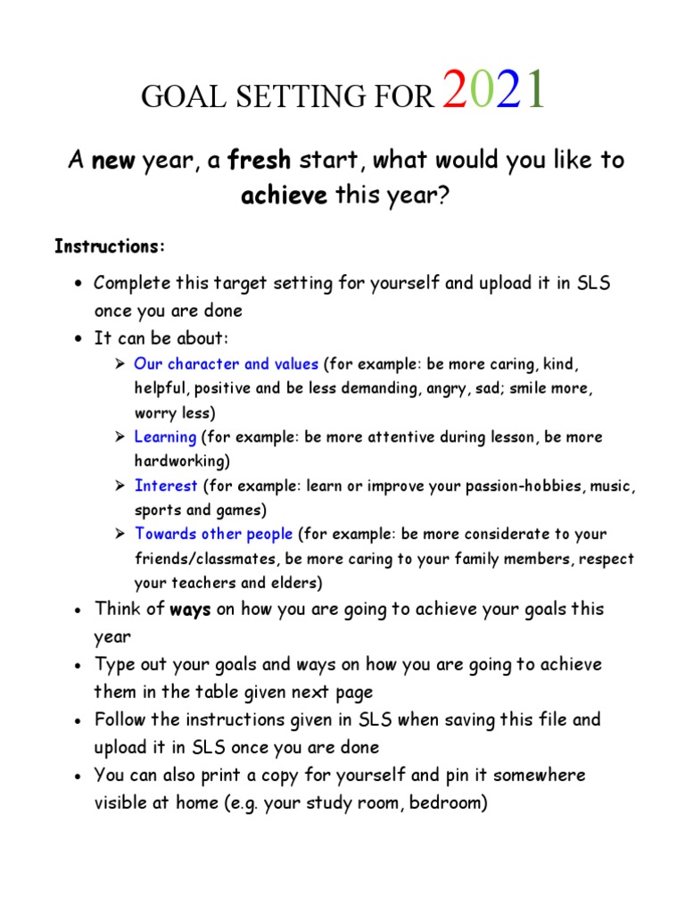 Goal Setting For: A New Year, A Fresh Start, What Would You Like To | PDF