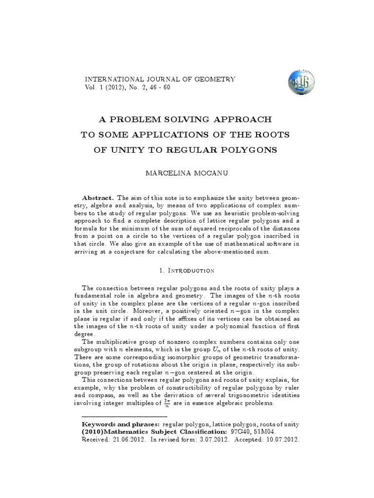 A problem solving approach to applications of roots of unity to regular ...