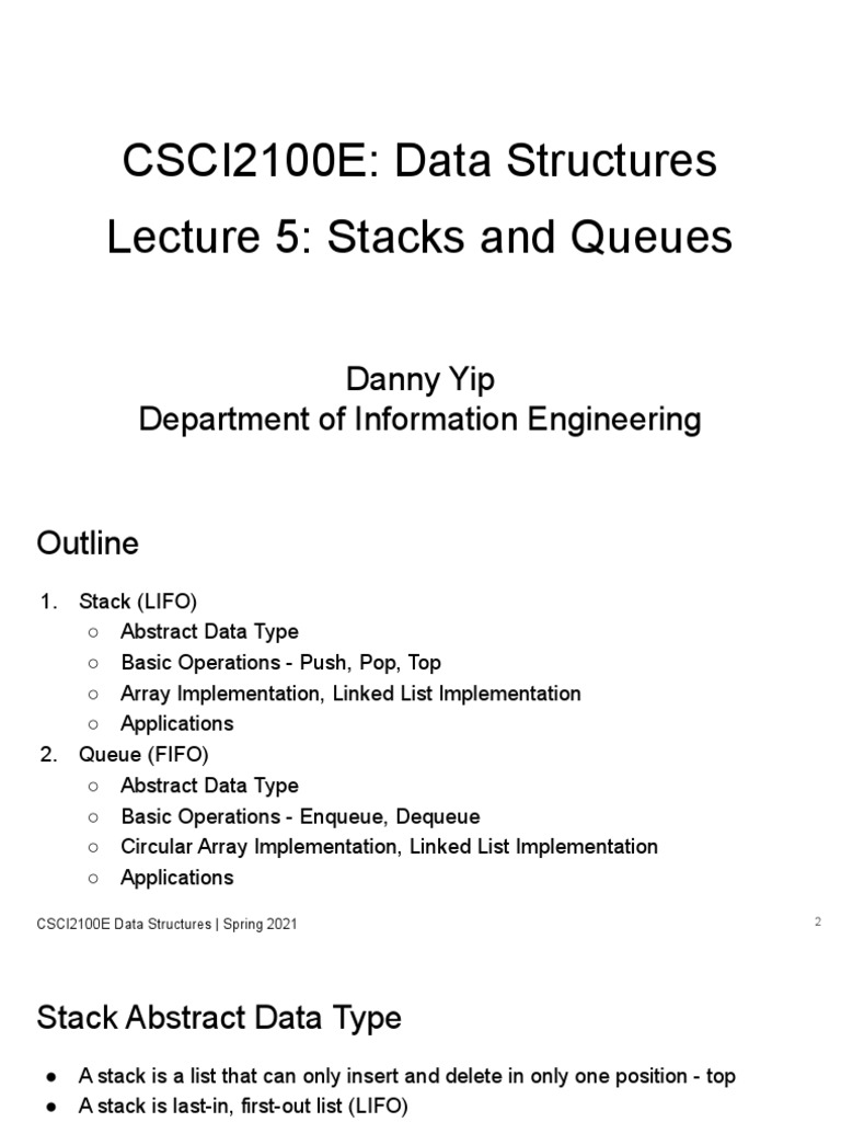 CSCI2100E Spring2021 05 StackQueue | PDF | Queue (Abstract Data Type) | Software Development