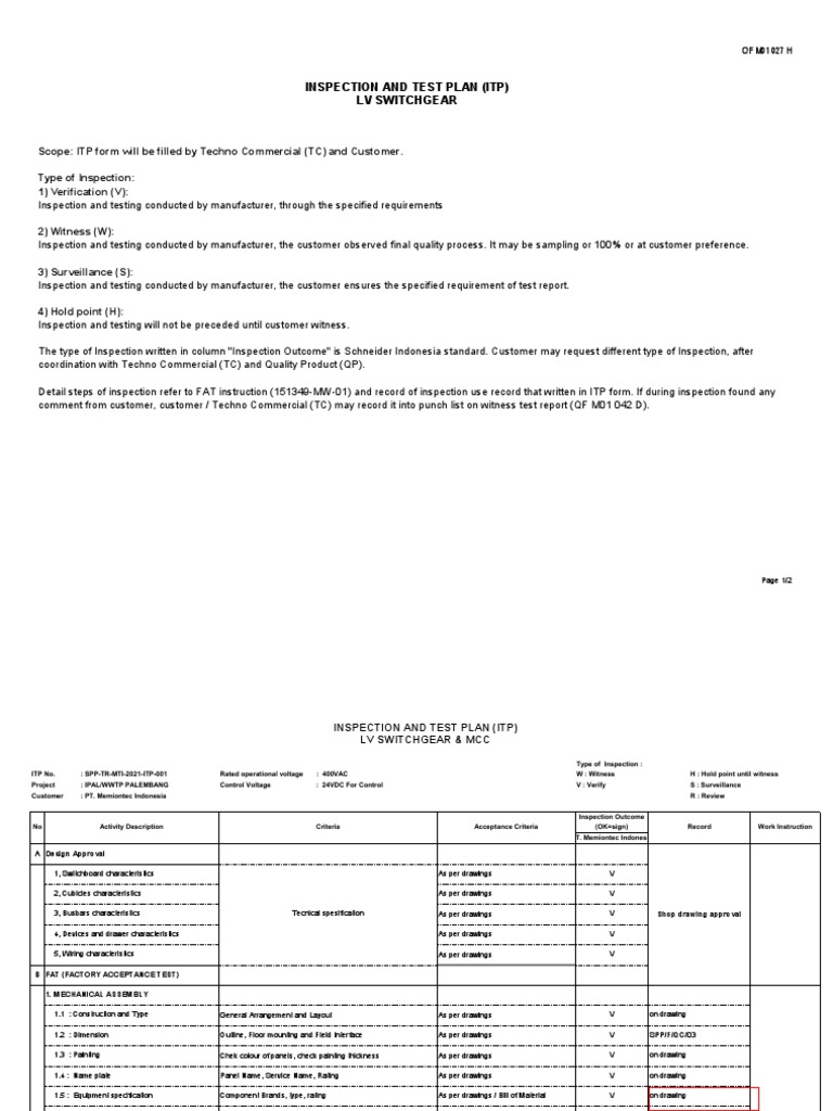 Inspection and Test Plan (ITP) Sample IPAL Palembang | PDF | Insulator ...