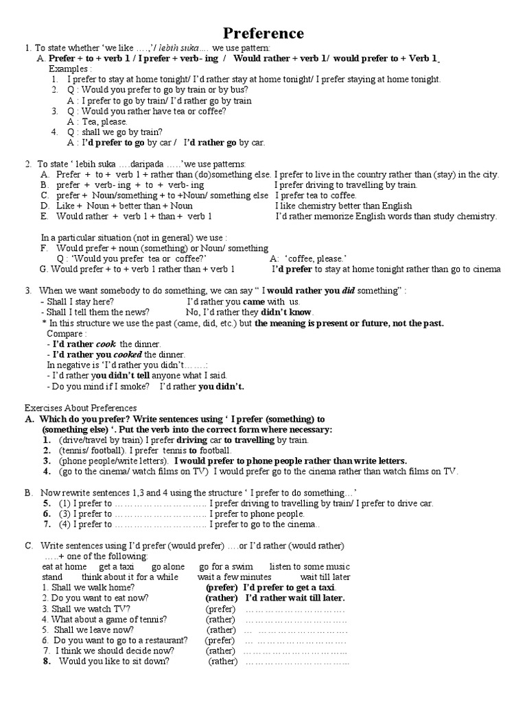Exercises About Preferences | PDF | Verb | Syntax