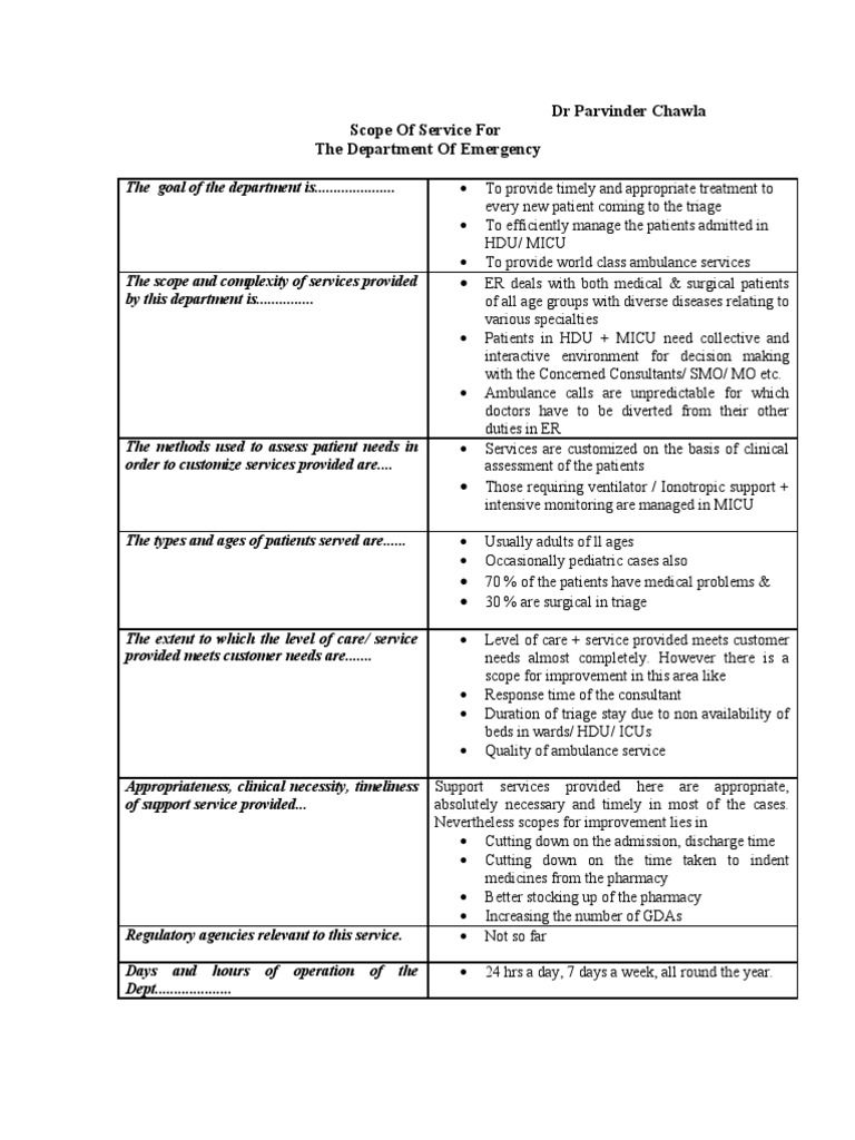 Scope Of Service for units - Emergency | Intensive Care Unit | Clinical ...