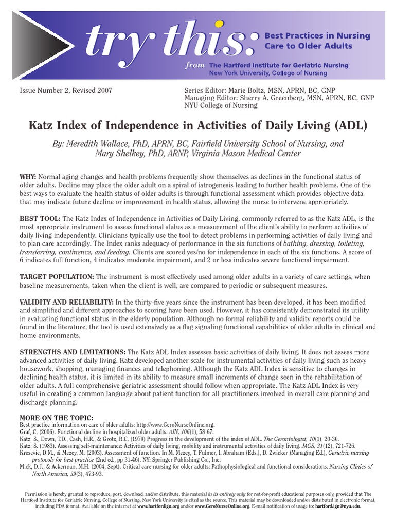 ADL - Katz Index of Independence in Activities of Daily Living | PDF | Health Care | Geriatric