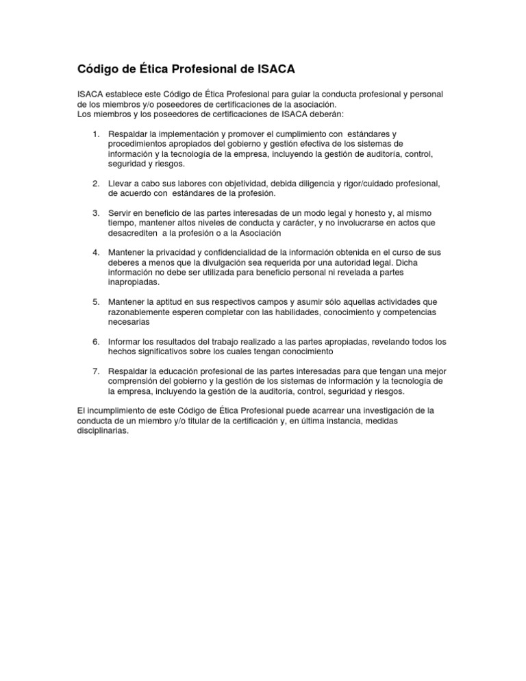 ISACA Code of Ethics Spanish | PDF