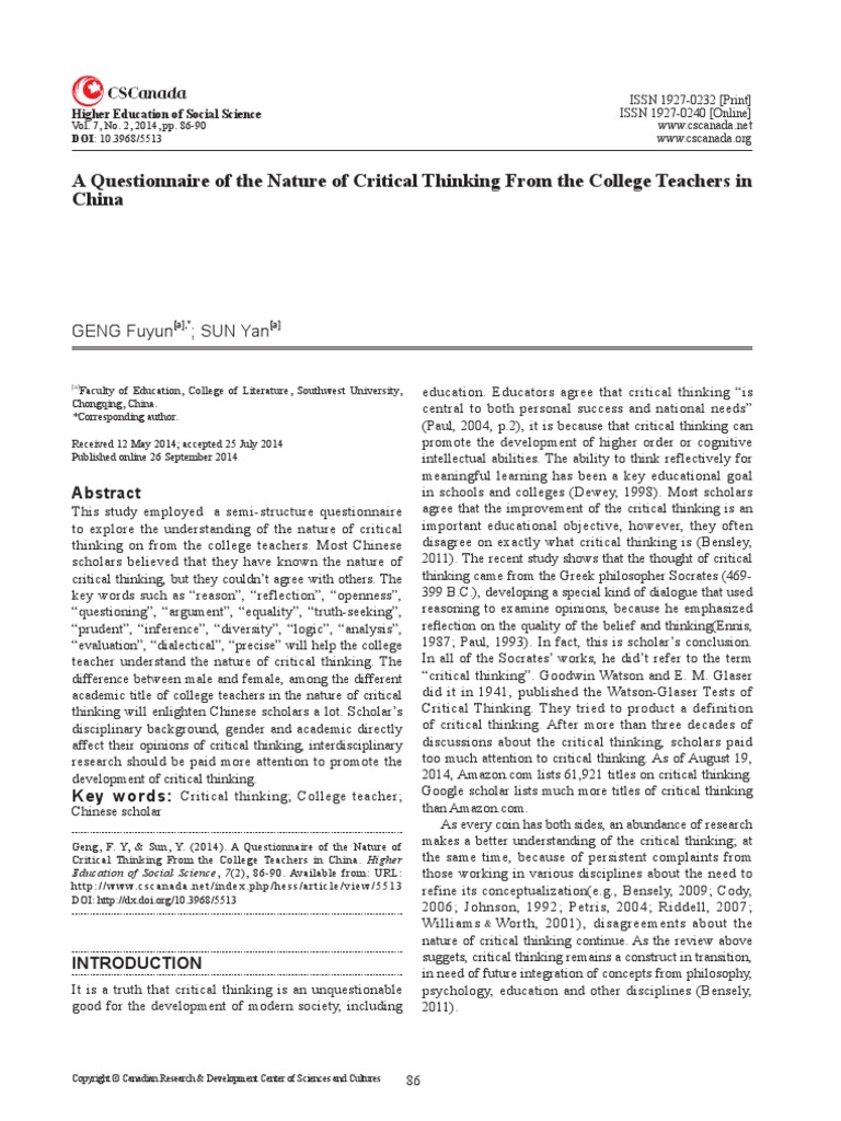 A Questionnaire of The Nature of Critical Thinking From The College ...