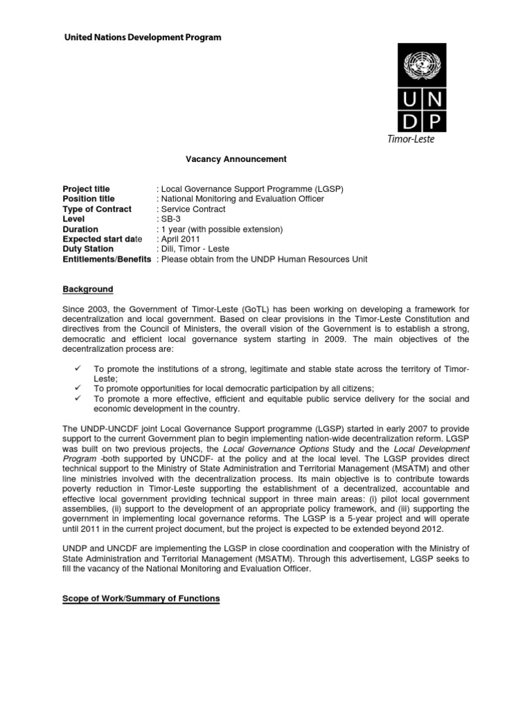 National Monitoring And Evaluation Officer Undp Jan2011 0 Pdf East Timor Governance