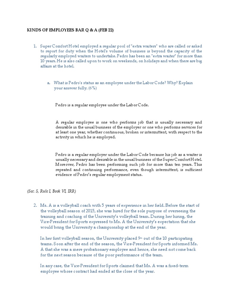 Kinds of Employees Bar Q and A | PDF | Employment | Labour Law