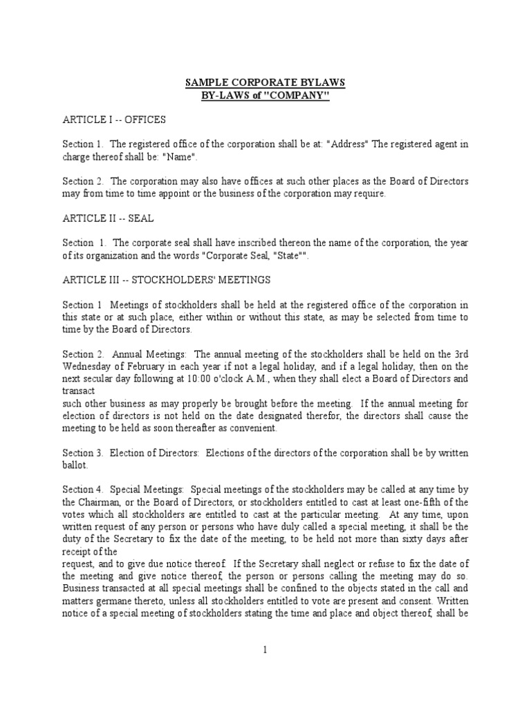 Sample Corporate Bylaws by Laws of "Company" | PDF | Proxy Voting ...
