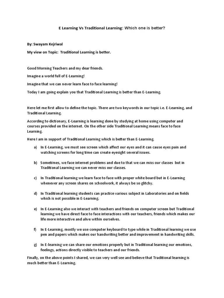 Traditional Vs E Learning The Better Choice Pdf