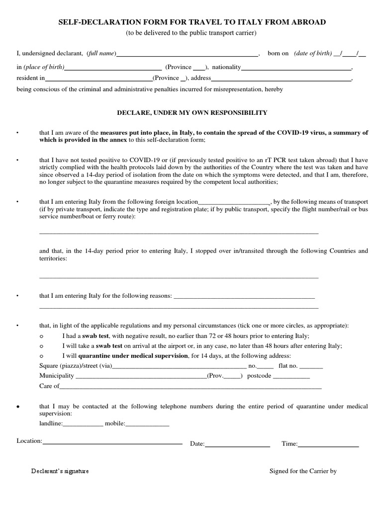 Self-Declaration Form For Travel To Italy From Abroad: (To Be Delivered ...