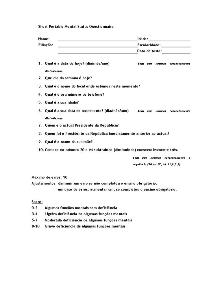 Short Portable Mental Status Questionnaire | PDF