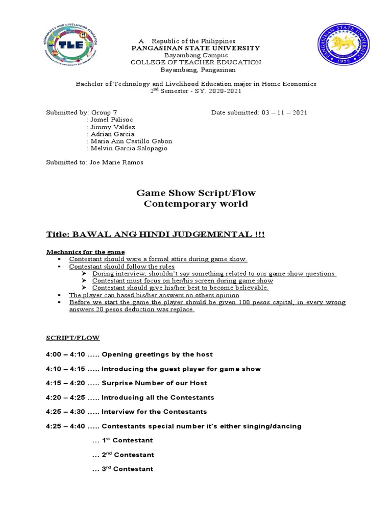 Game Show Script/Flow Contemporary World: Title: Bawal Ang Hindi ...