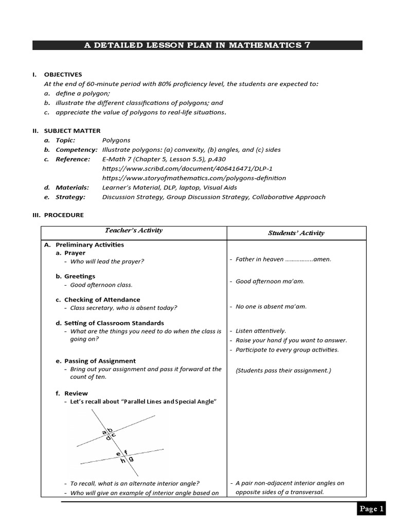 Detailed Lesson Plan in Mathematics 7 | PDF | Polygon | Angle