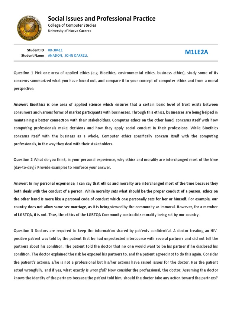 Social Issues and Professional Practice: M1LE2A | PDF | Bioethics ...