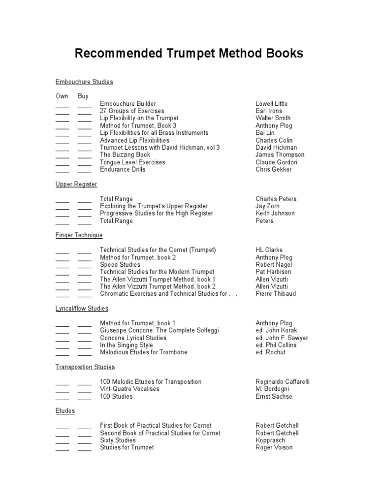 Recommended Trumpet Method Books | PDF | Trumpet | Organology